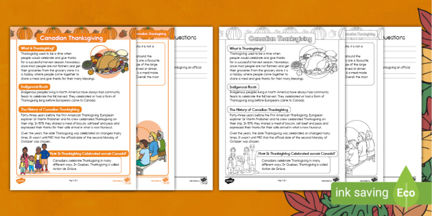 Canadian Thanksgiving Reading Comprehension - Primary
