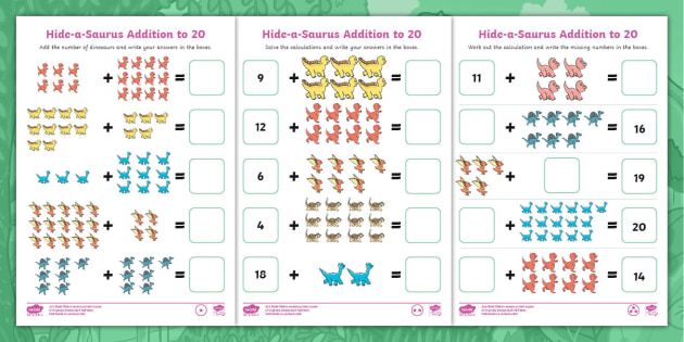 👉 Hide-a-Saurus Addition to 20 Worksheet (Teacher-Made)