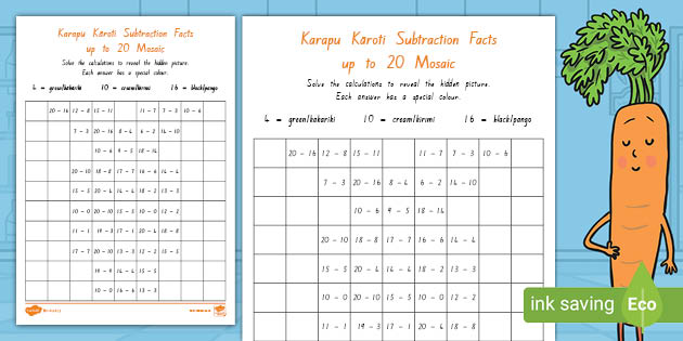 Carrot Club/Karapu Kāroti Subtraction Facts up to 20 Mosaic Worksheets