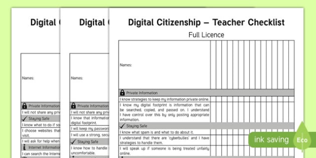 Digital Citizenship Teacher Checklist (teacher made)