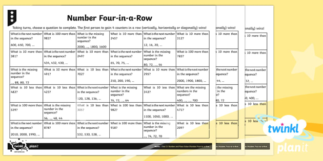 PlanIt Maths Y3 Number and Place Value Number Four-in-a-Row Home Learning