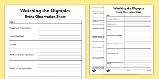 Watching The Olympics Event Observation Sheet teacher Made 