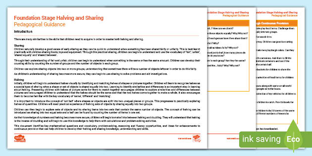 EYFS Maths Pedagogical Guidance: Halving and Sharing