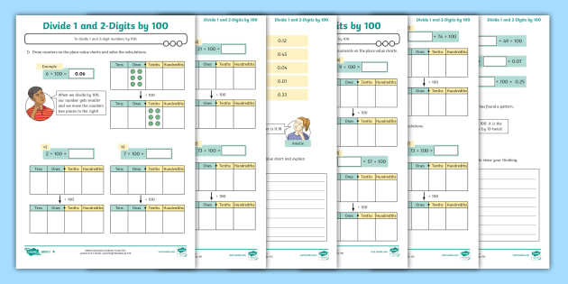 👉 Divide 1 and 2-digits by 100 maths activity sheets