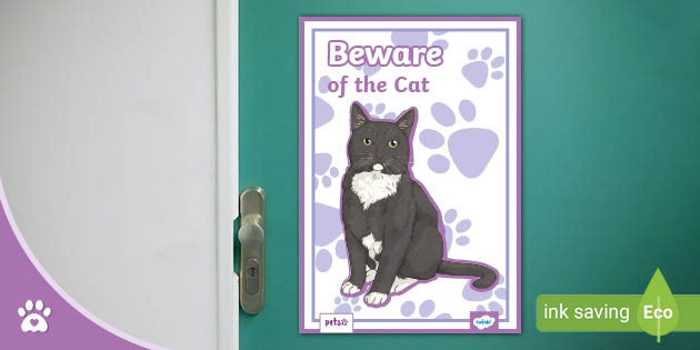 Beware of the Cat Door Sign - Funny Cat Sign - Twinkl Pets