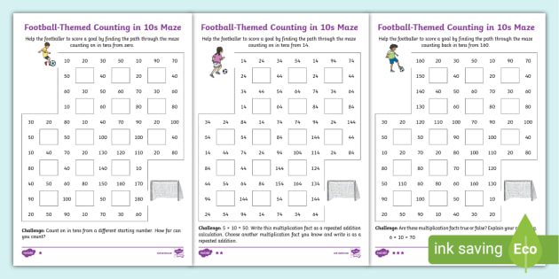 Football Themed Counting in 10s Maze Differentiated Worksheets