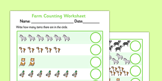 Farm Animals Counting Worksheet up to 20 - farm, animals, 1-1
