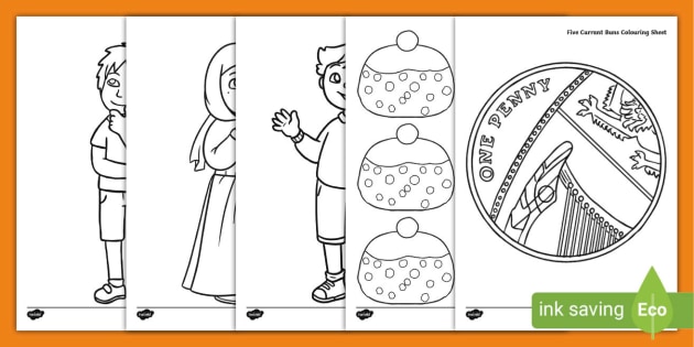 5 Currant Buns Colouring Sheets (teacher made)