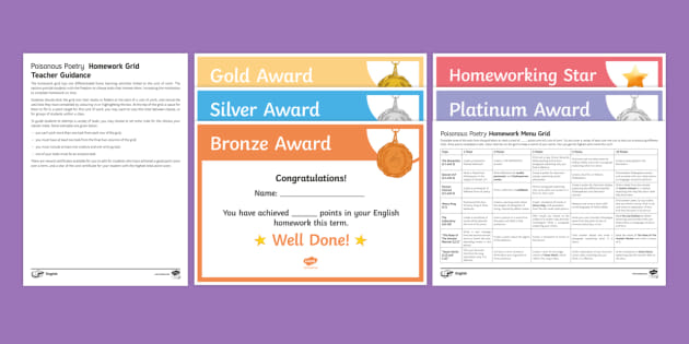 Poisonous Poetry Homework Grid Resource Pack (teacher made)