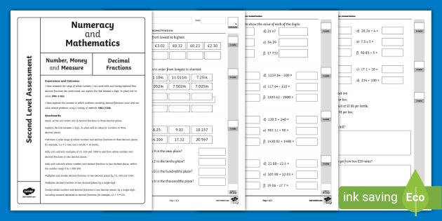 Second Level Numeracy and Mathematics Assessment - Decimal Fractions