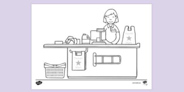 FREE! - Supermarket Checkout With Cashier Colouring | Colouring Sheet