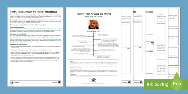 Poetry From Around the World: Monologue by Hone Tuwhare Differentiated