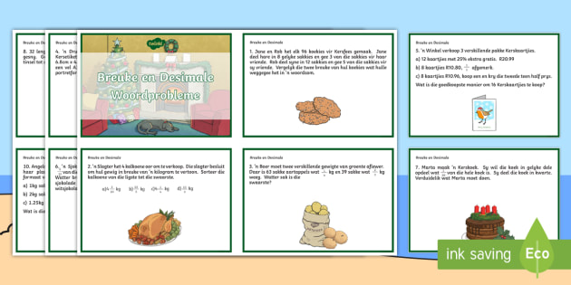 Breuke en Desimale Woordsomme Kersfees Wiskunde Uitdagingskaarte