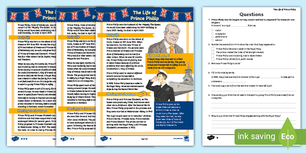 UKS2 The Life of Prince Philip Differentiated Reading Comprehension ...