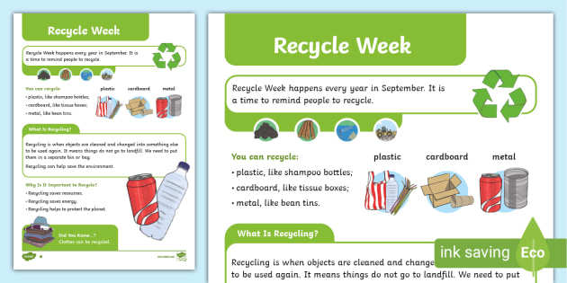 Recycle Week Differentiated Reading Comprehension Activity