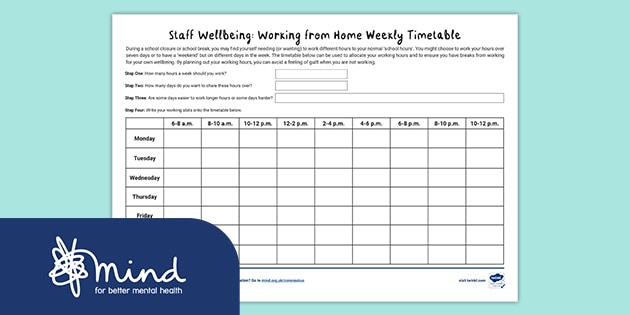 FREE! - Working from Home Weekly Timetable - Staff Wellbeing