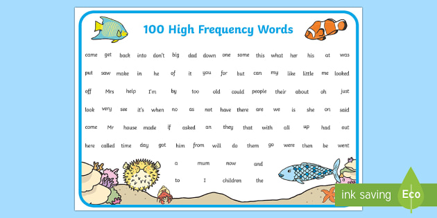 Fish Themed 100 High Frequency Words Word Mat