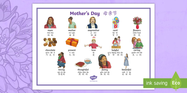 Mother's Day Illustrated Word Mat English/Mandarin Chinese/Pinyin