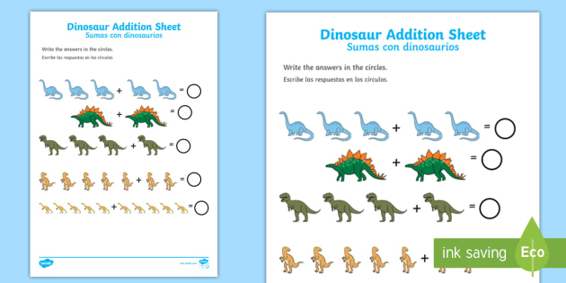 Dinosaur Addition Worksheet / Worksheet - English / Spanish - Dinosaur