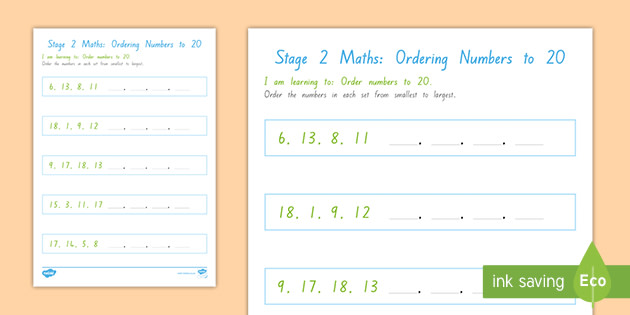 New Zealand Maths Stage 2 Ordering numbers to 20 Worksheet