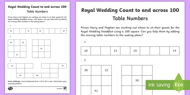 KS1 Royal Wedding Count to and across 100 Worksheet
