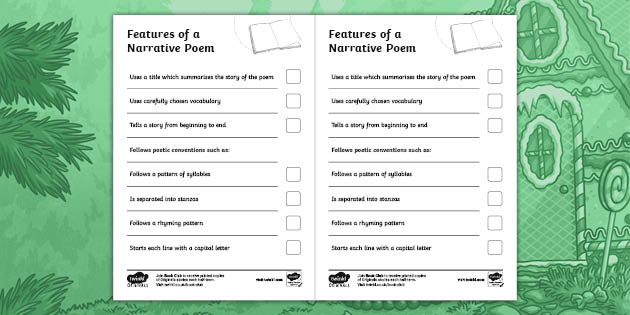 Features Of A Narrative Poem Checklist teacher Made 