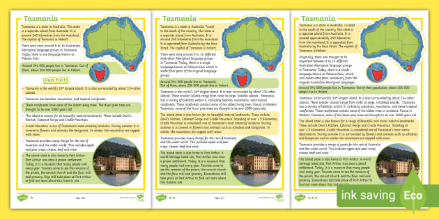 Tasmania Differentiated Comprehension Sheets - Year 3 HASS