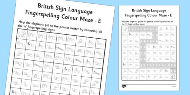 British Sign Language Left Handed Fingerspelling Colour Maze E