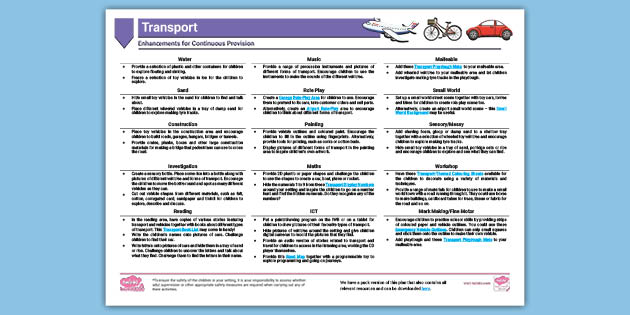 EYFS Transport Continuous Provision Planning Ideas (Ages 2-4)