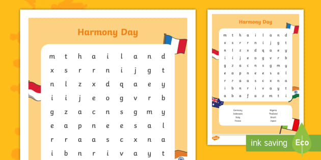 Year Two Harmony Day Nationalities Word Search