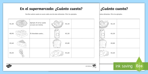 Expressing Supermarket Prices In Euros Worksheet Spanish