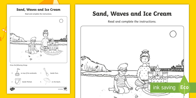 Sand, Waves and Ice Cream Draw and Count Worksheet / Worksheet