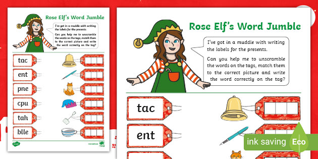 Rose Elf’s Word Jumble Phase 2 Phonics Activity