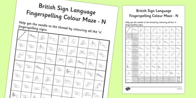 British Sign Language Left Handed Fingerspelling Colour Maze N