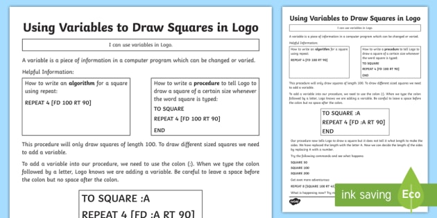 Using Variables to Draw Squares in Logo Worksheet / Worksheet