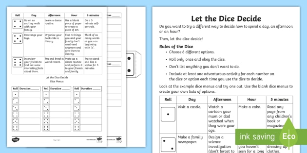 Let the Dice Decide Worksheet / Worksheet