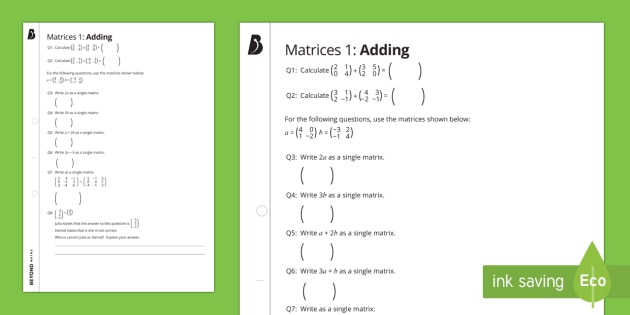 Matrices 1 Worksheet (teacher made)