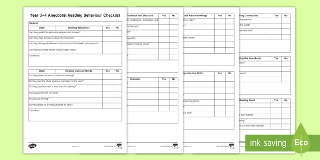 Year 3 and 4 Anecdotal Reading Checklist | Primary Resources