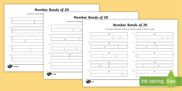 Number Bonds to 20 Worksheets - 1st Grade Math Facts