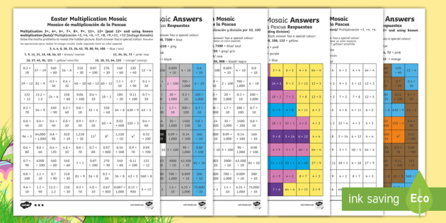 Easter Multiplication Mosaics Differentiated Worksheets English/Spanish