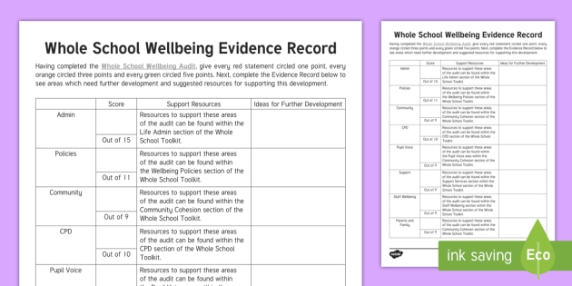 Whole School Wellbeing Evidence Record Adult Guidance