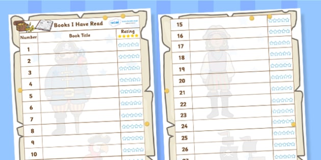 Pirate Themed Books I Have Read Record Sheet - reading record