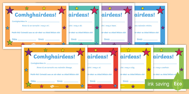 Teastais Ranga: Deireadh na Bliana - ROI, end year class certificates