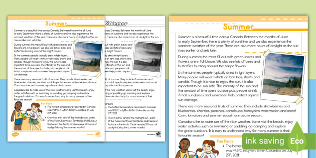 The Season of Summer in Canada Primary Fact File