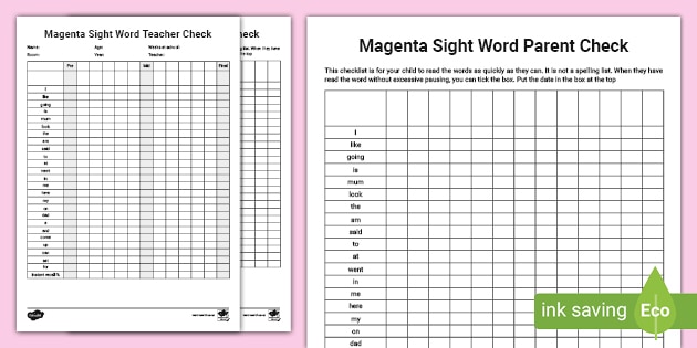 Magenta Reading Sight Words Checklist (teacher made)