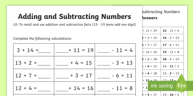 Number Facts Worksheet 15-19 Teens Add One Digit