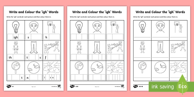 Write and Colour the 'igh' Words Differentiated Worksheets