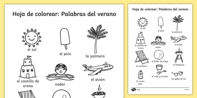 Summer Differentiated Words Colouring Sheet Spanish