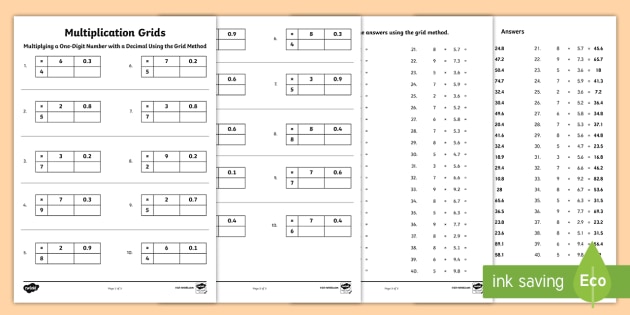 Multiplying Decimals Grid Method Worksheet Maths Resource