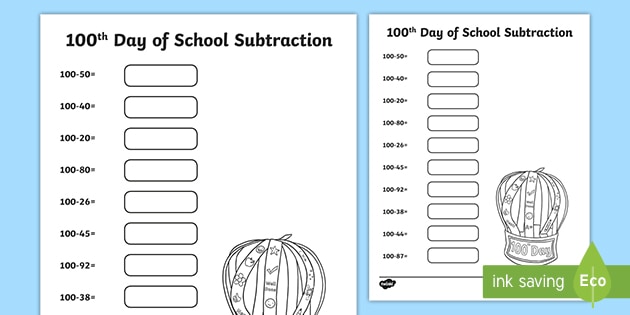 100th Day of School Subtraction Activity
